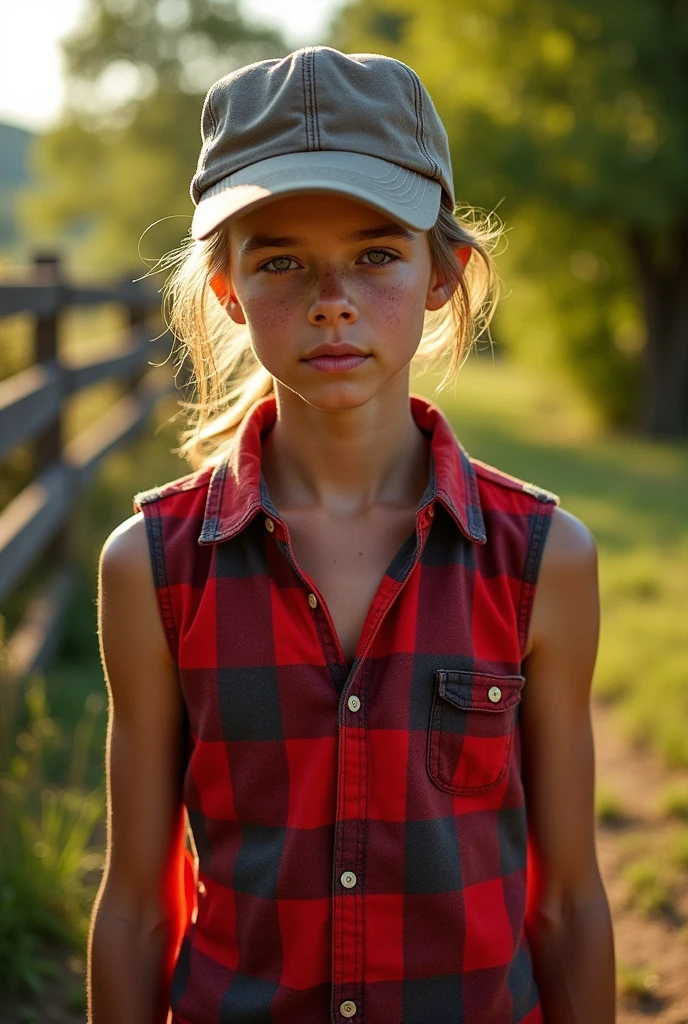 Realistic Portrait, Skinny redneck young man, ponytail, cap, red plaid ...
