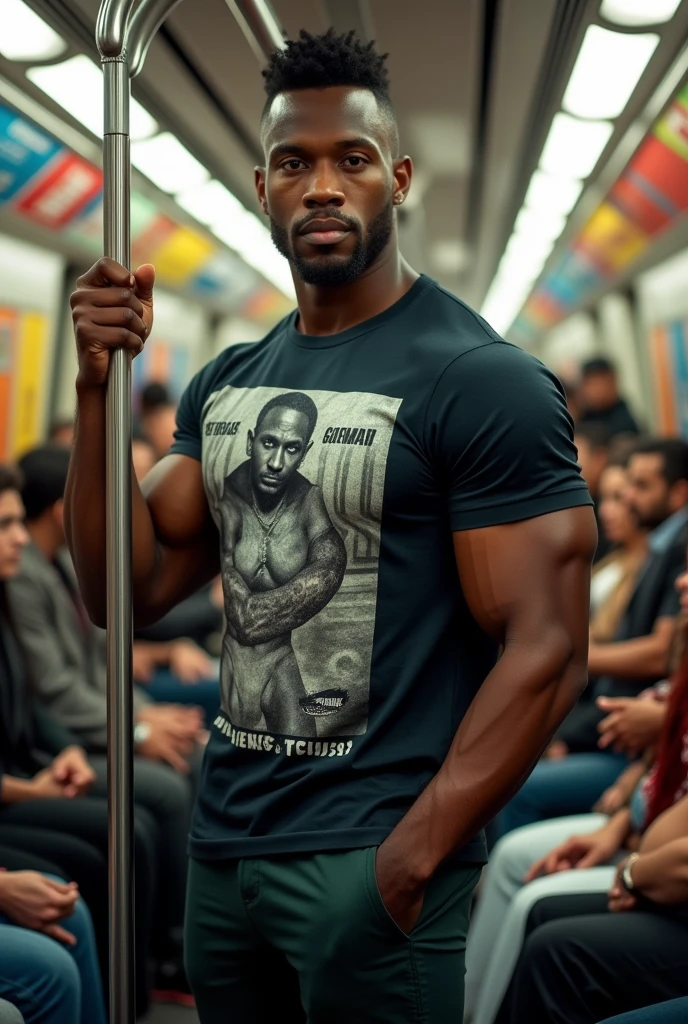 Muscular man of color standing on public transportation - SeaArt AI