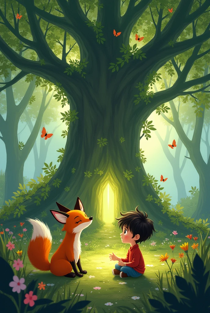 Fox telling Hiran about a magical tree, gesturing animatedly - SeaArt AI