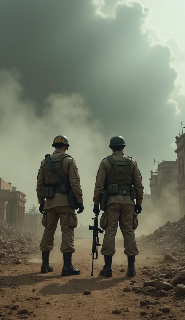 Two military soldiers in desolate survival terrain indicating their ...