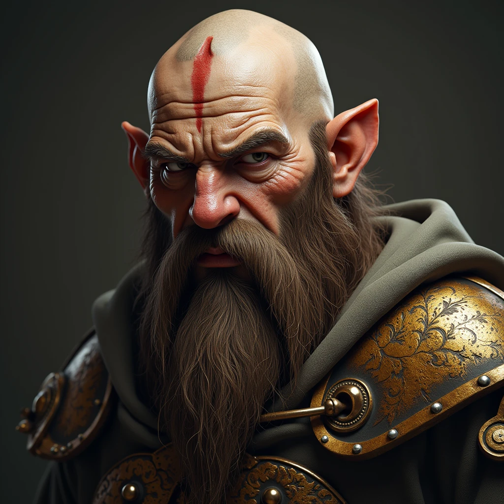 Old dwarf with a bronze beard, a dent in the skull, a bald head and a ...