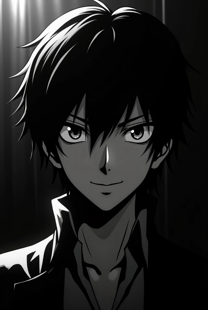"Generate a high-contrast black and white anime-style character in the ...