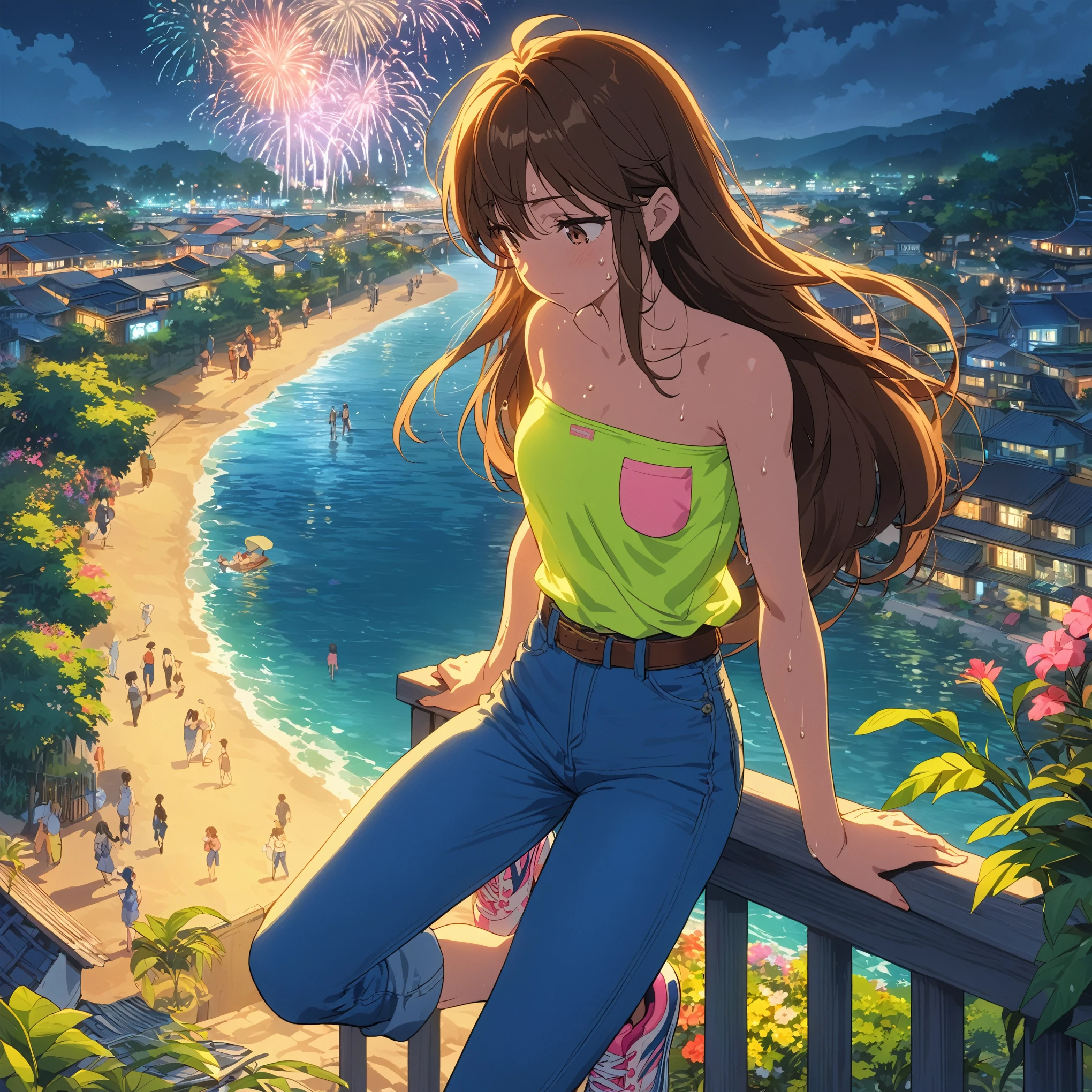 A woman sitting on a railing overlooking a beach and fireworks - SeaArt AI