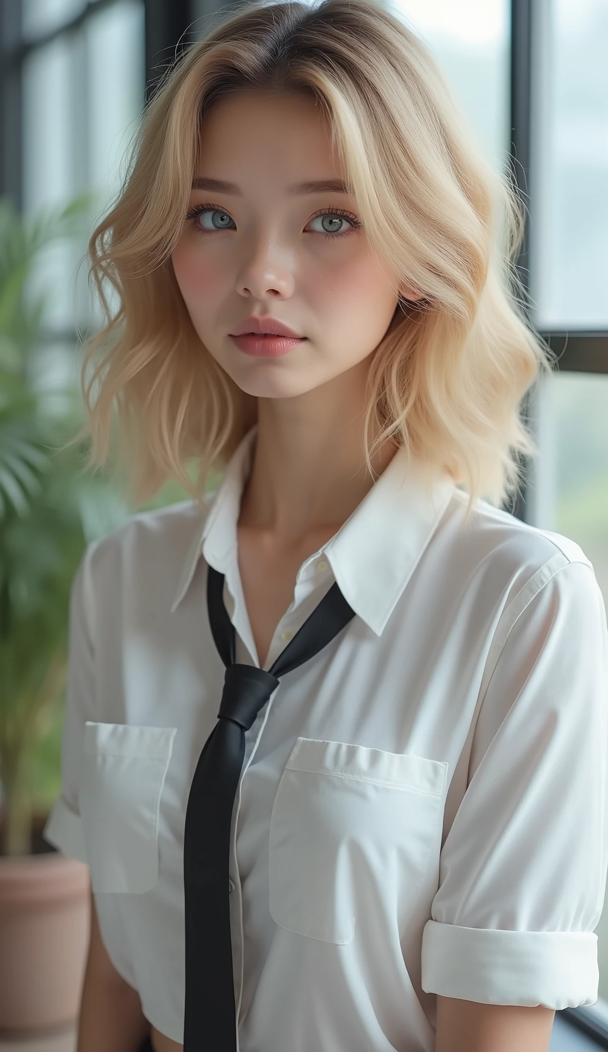 Blond woman with blue eyes wearing a white shirt and black tie - SeaArt AI