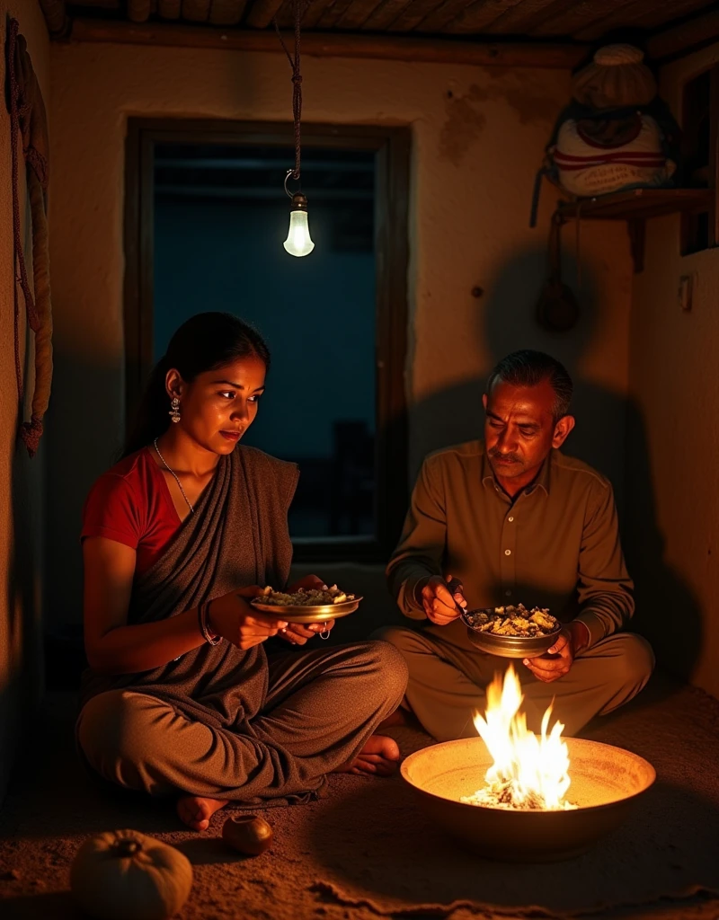 "A rustic scene inside a small, dimly lit hut made of mud and straw ...