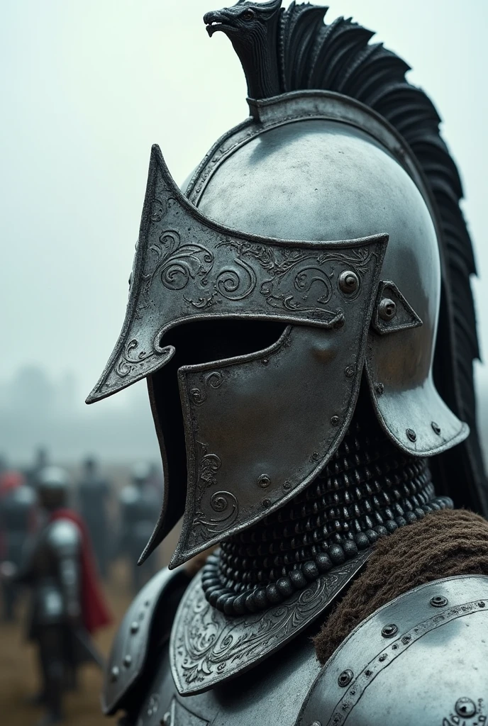 A steel medieval helmet with a visor, decorated with intricate ...