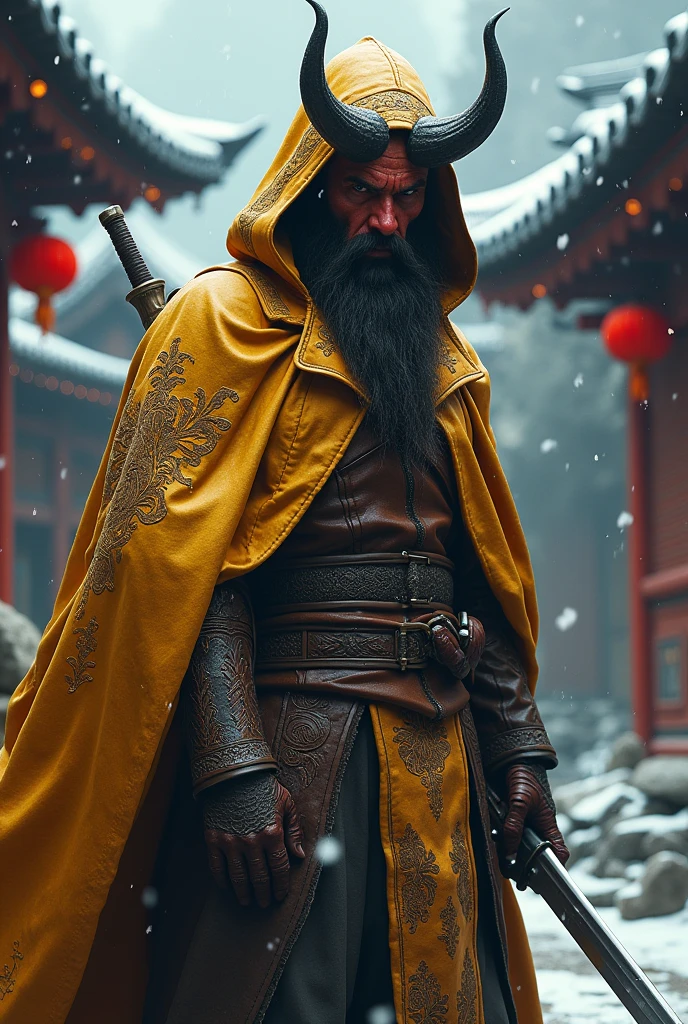 Dynamic combat pose bearded devil oni warrior golden intricate details ...