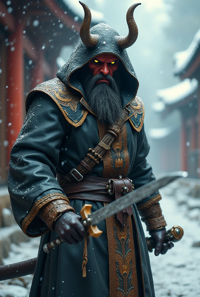 Dynamic combat pose bearded devil oni warrior golden intricate details ...