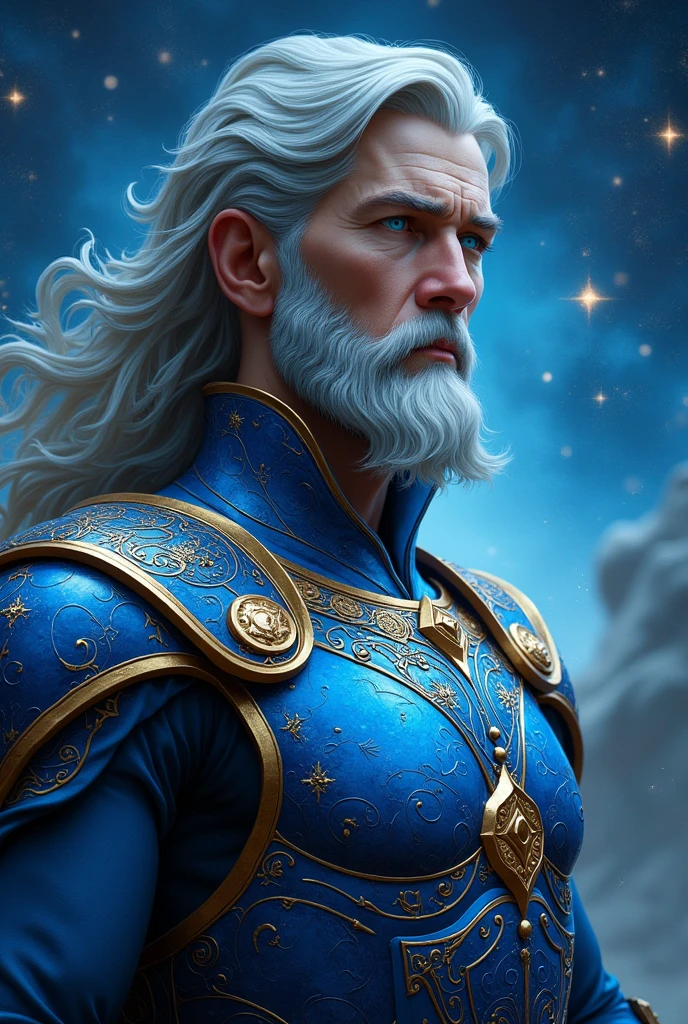 A close up of the astral god of Aquarius, wearing a blue gold and ...