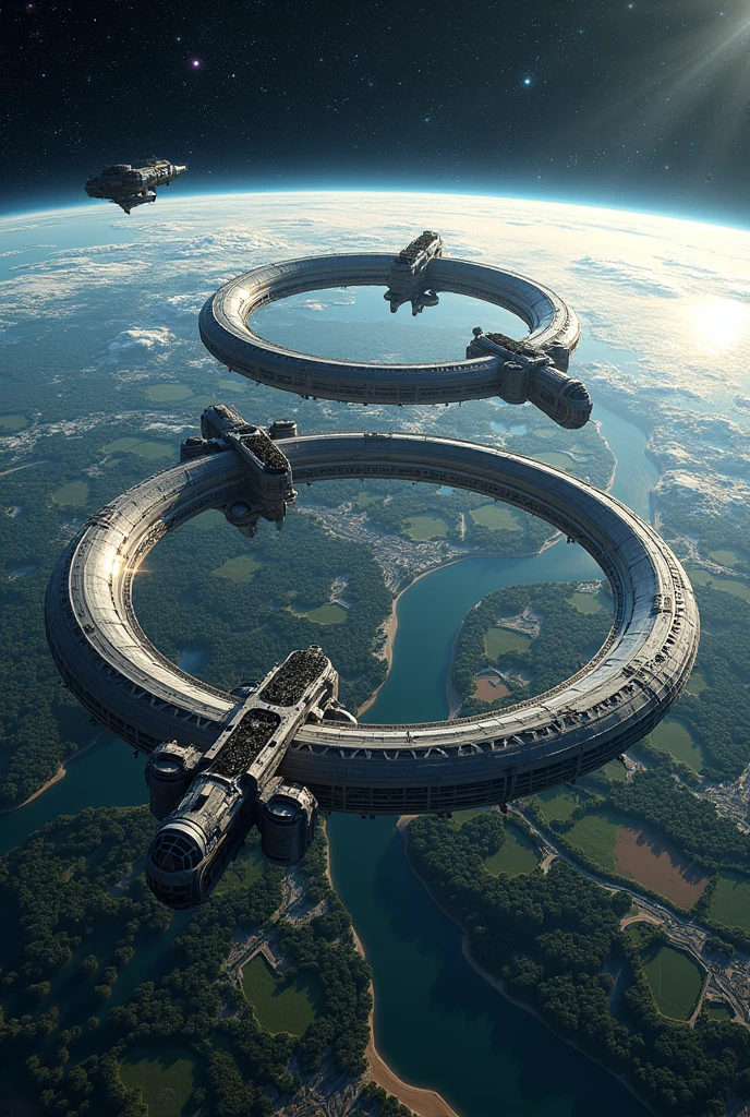 The space station is in the shape of three rings. The Earth rotates ...