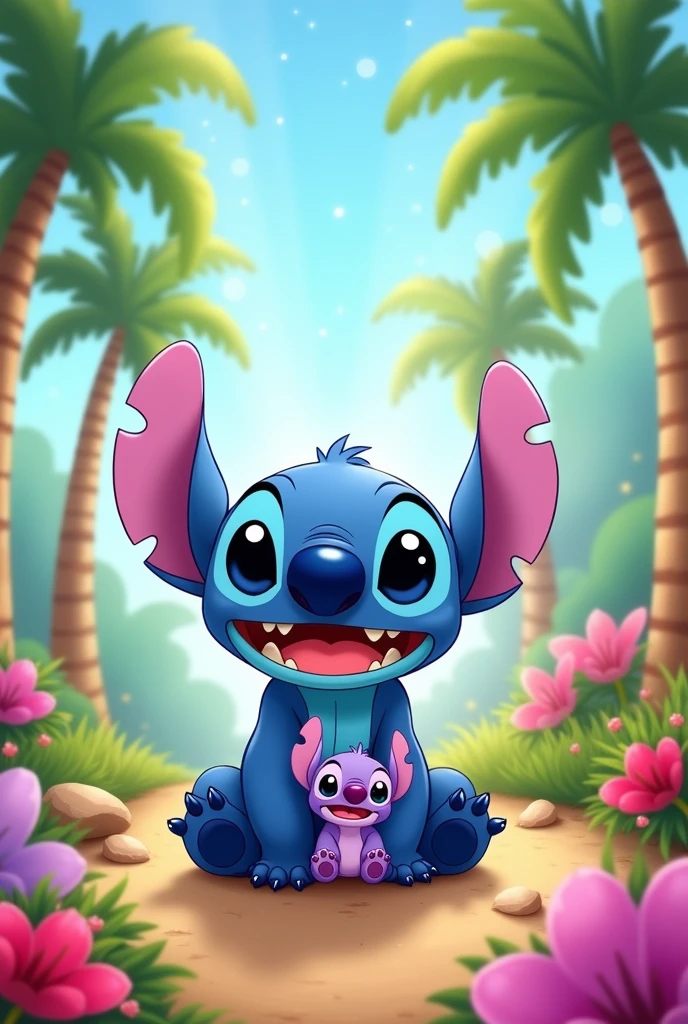 O stitch, the pink Stitch and a baby purple Stitch in the middle of ...