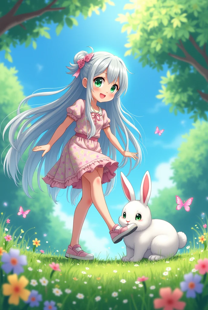 Anime girl with a rabbit on the ground, she stepping on it - SeaArt AI