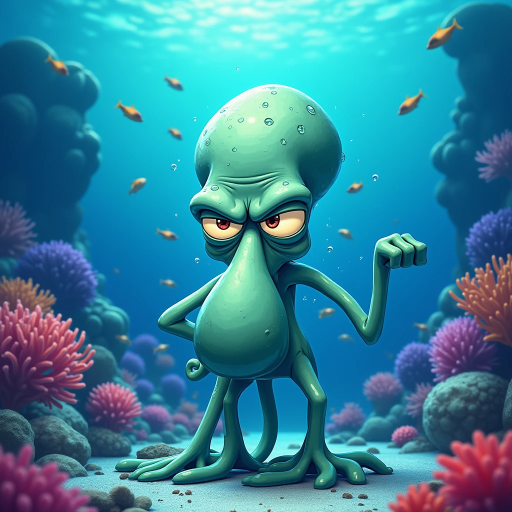 Draw Squidward Tentacles angry looking at the viewer, under the sea ...