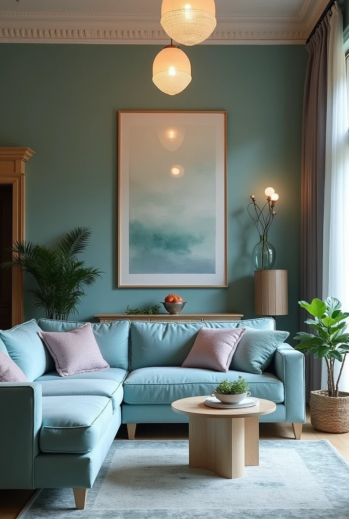Design a house interior that incorporates the colour periwinkle - SeaArt AI