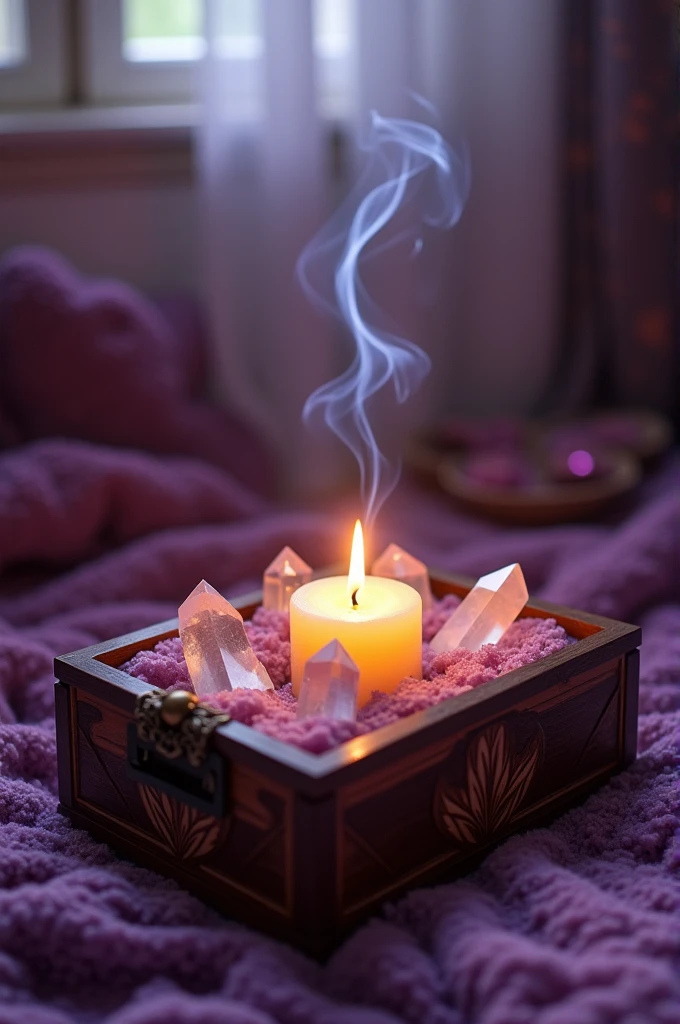The open box, with elements like the handcrafted candle, quartz and ...
