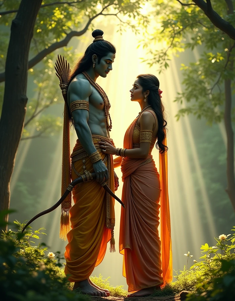 Design an image of Lord Rama with his bow and arrow, standing tall in a ...