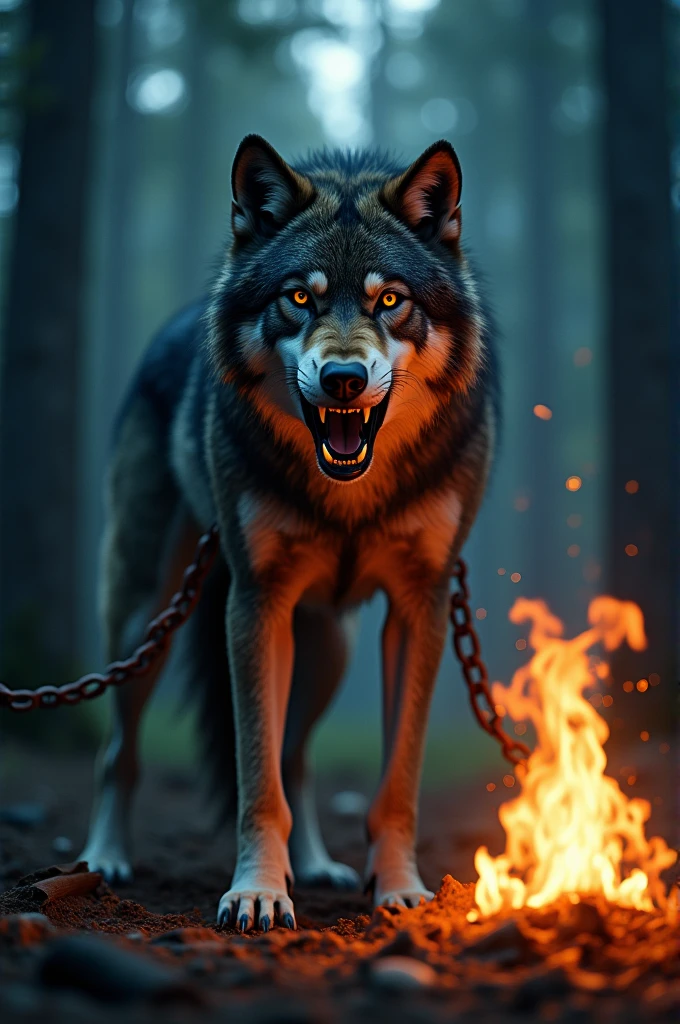 Realistic angry wolf chained around fire - SeaArt AI