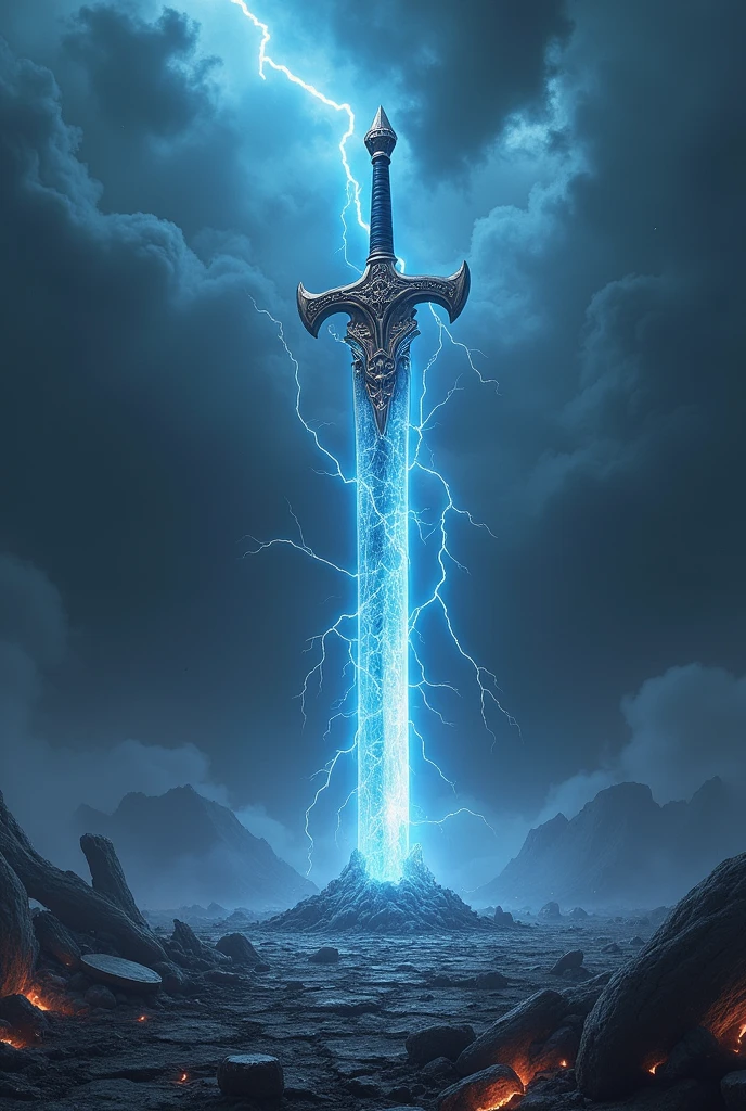 Giant Electrified Sword Impaled in the Ground - SeaArt AI