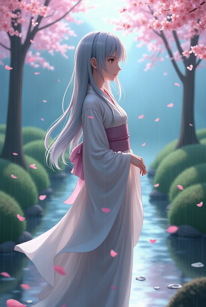 Create a wallpaper of the waifu Yuki Souo about the rain - SeaArt AI