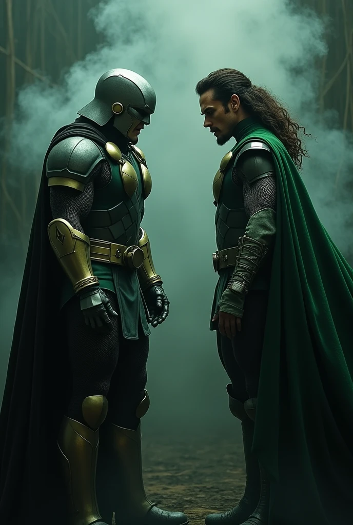 Iron man character Robert Downey Jr as Dr.doom,in a green cloak - SeaArt AI