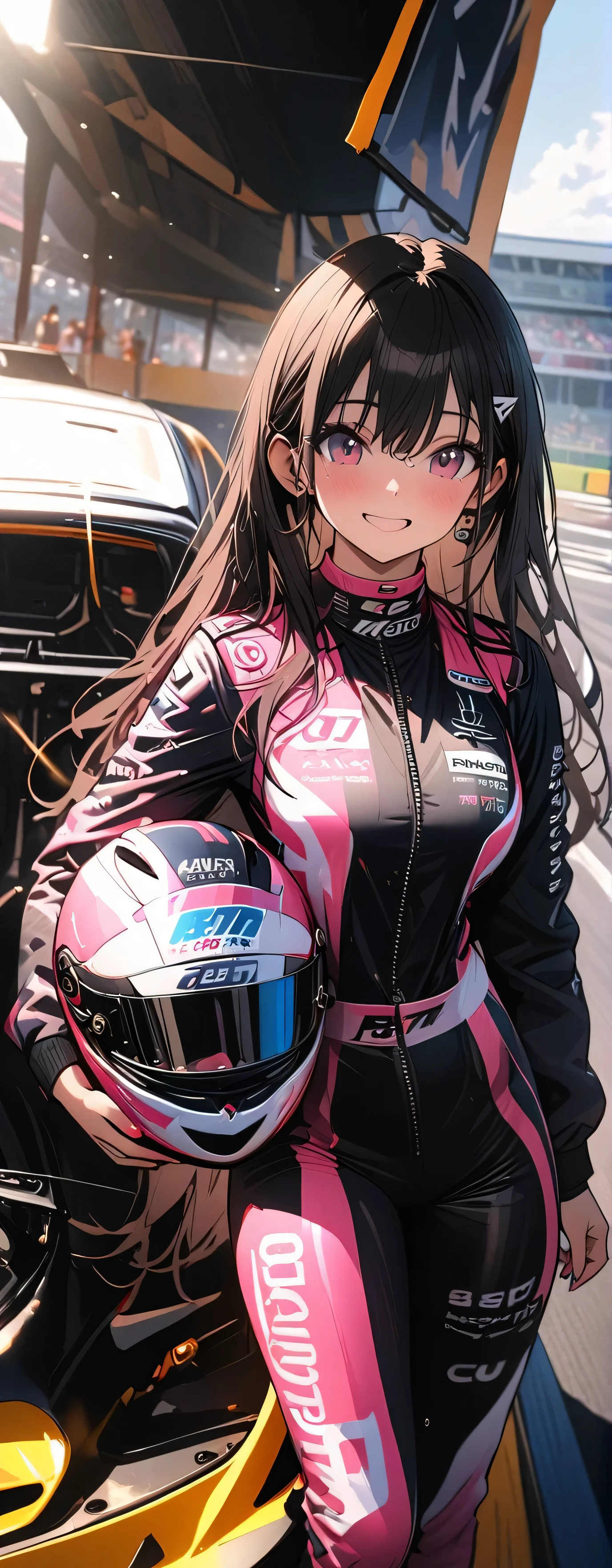 Anime girl with a helmet and a pink suit standing next to a yellow car ...