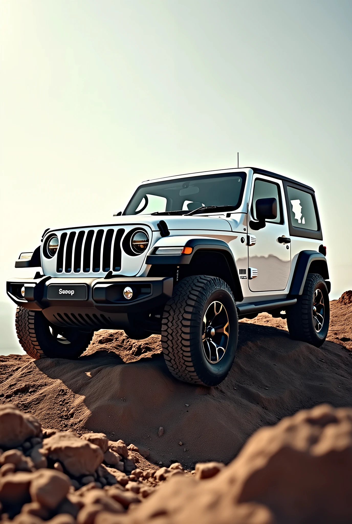 Arafed jeep parked on a rocky hill with a clear sky - SeaArt AI