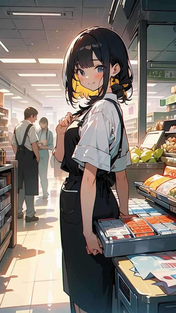 Young woman,smile,((Standing inside the cash register)),Touching the ...