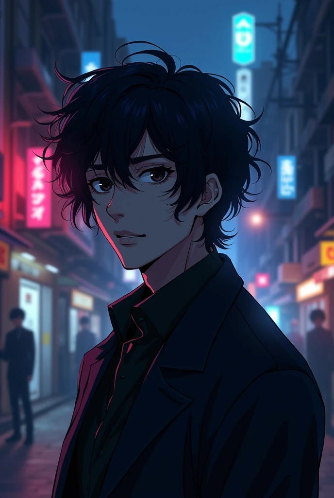 Anime Style Handsome male Shady Curly hair Narrow eyes No eye ...