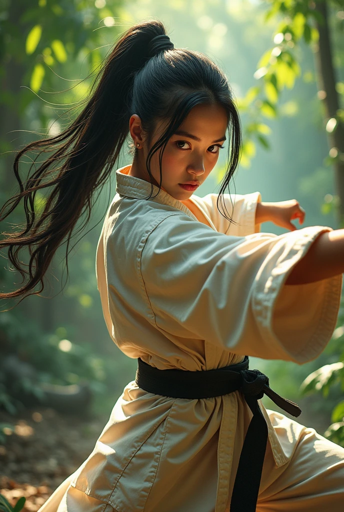 Woman cuca alligator fighter taekwondo black hair - SeaArt AI