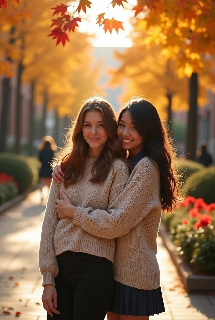 A female university student hugging a female high school student from ...