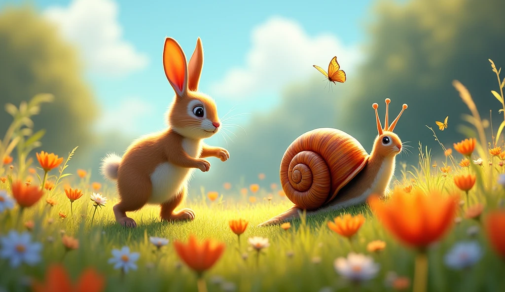 Ricky el conejo y sammy el caracol comienzan la carrera..Ricky corrió ...