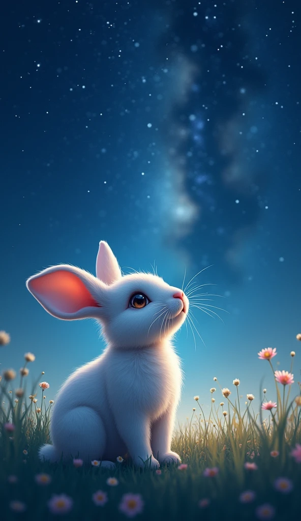 A cute rabbit looking up at the starry night sky in the open meadows ...