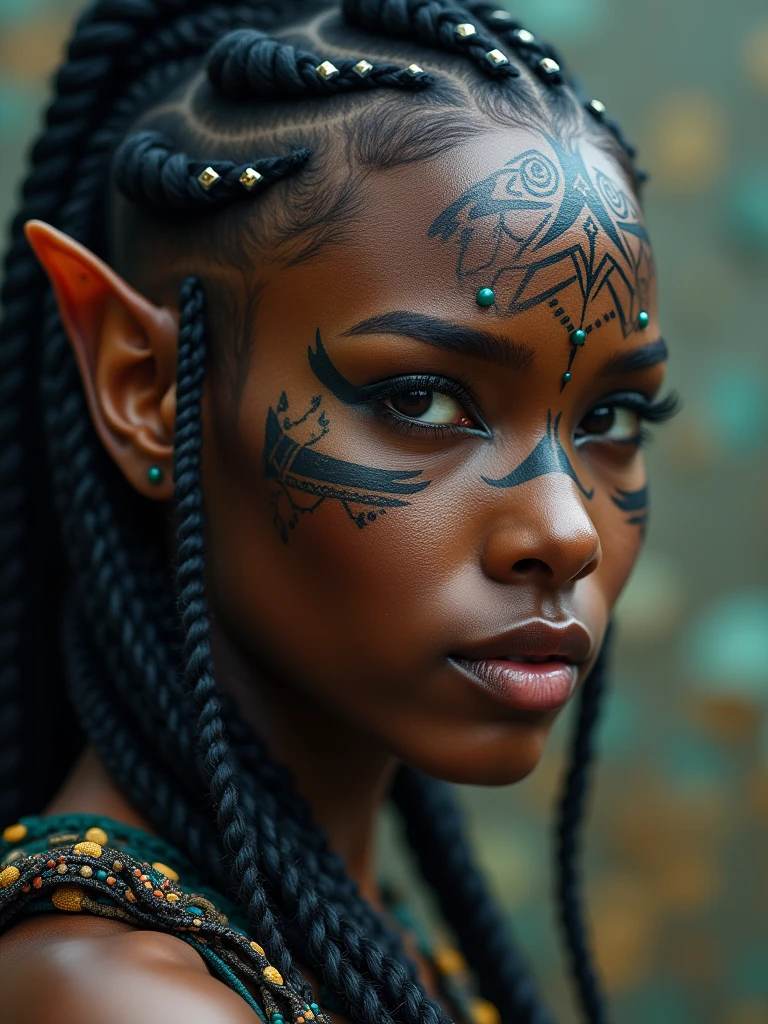 Close-up of a Woman with Facial Tattoos, Dark Elves, fractalpunk ...