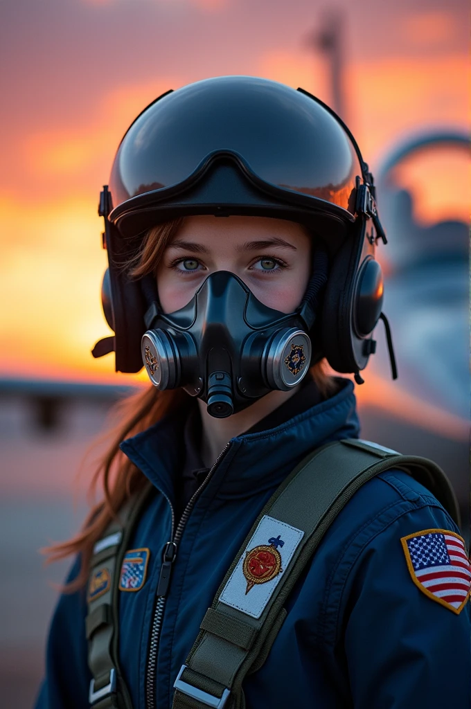 A girl wearing a fighter pilot suit, a fighter helmet, and a fighter ...