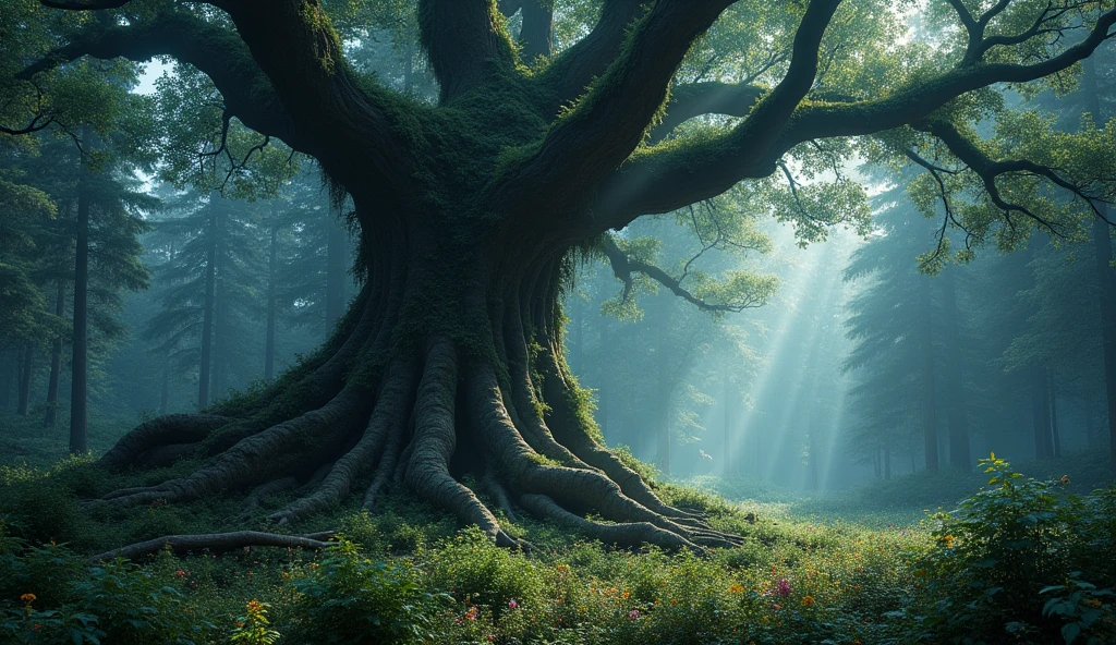 A gigantic, ancient tree standing tall in the middle of the forest ...