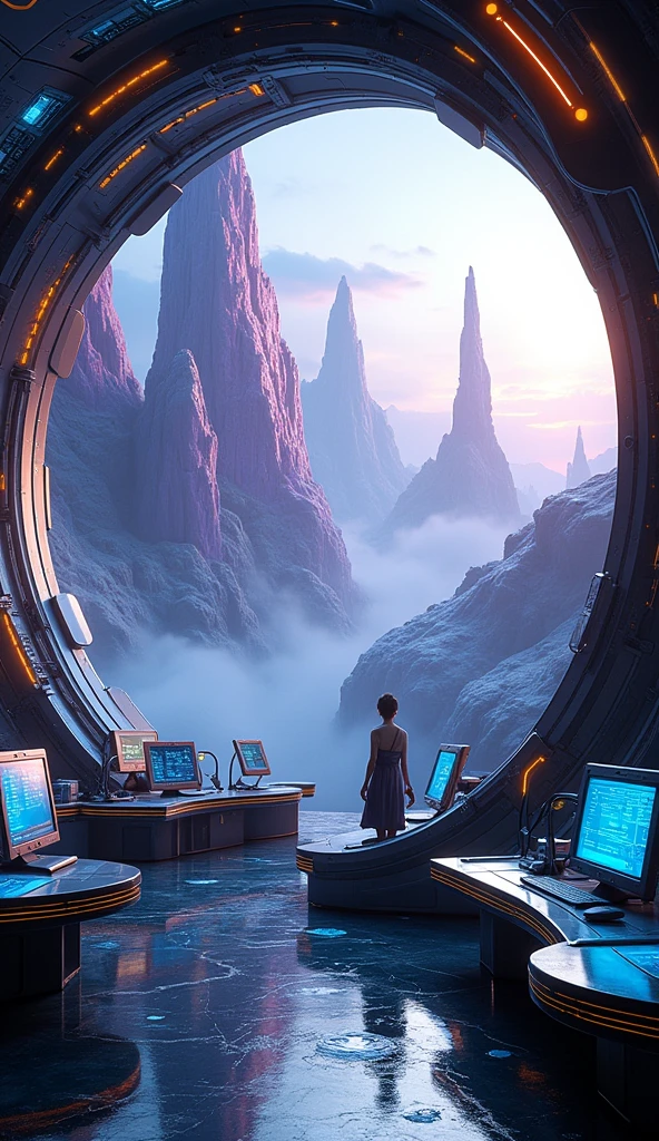 Exterior of the spaceship. You can see the landscape of an alien planet ...