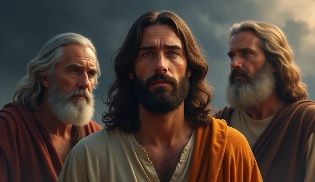 Create a realistic image showing three biblical characters: Jesus ...