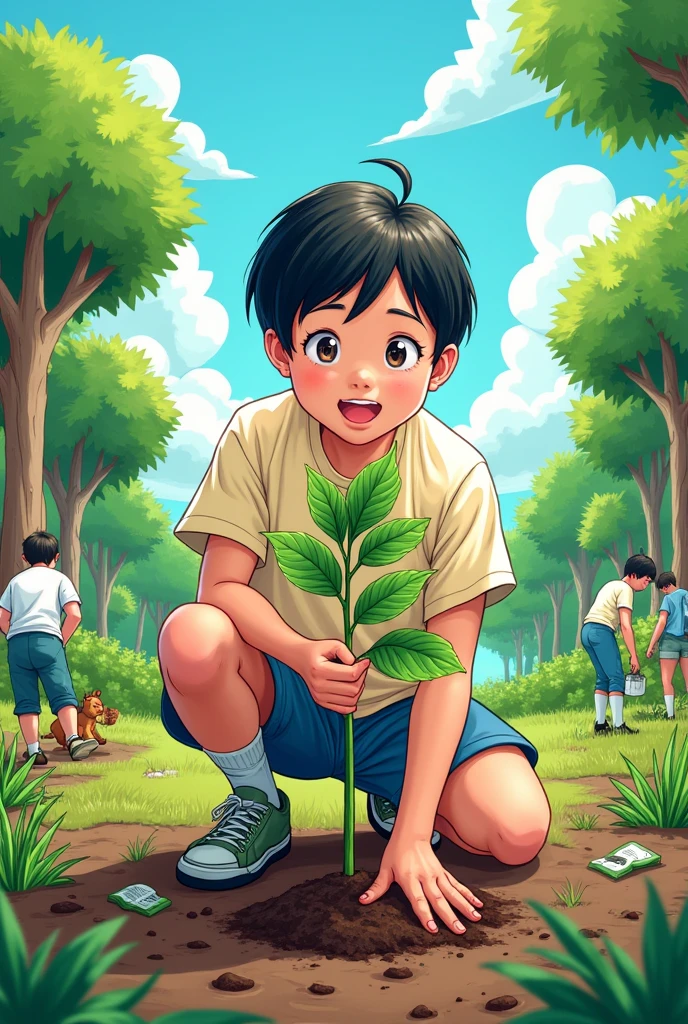 Give me an environmentally friendly manga style image,planting a tree ...