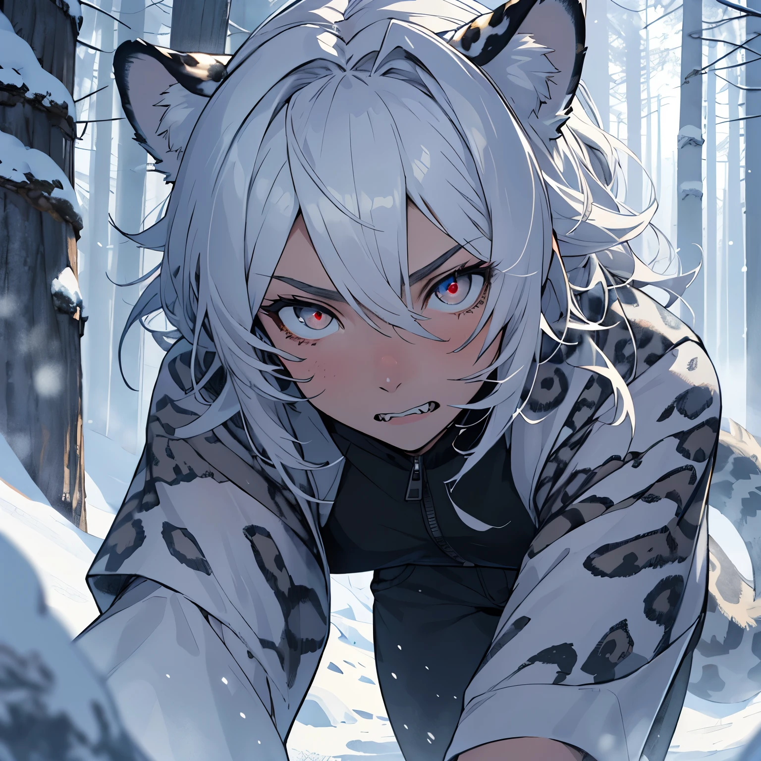 Anime girl with white hair and gray cat ears in the snow - SeaArt AI