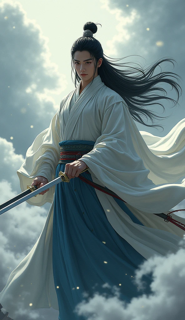 Long black hair，male，Hanfu，Has a long sword，clouds，Sword-drawing ...