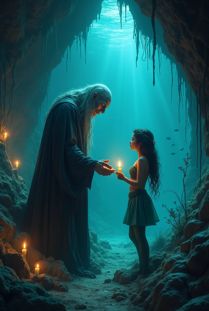 Scene in a dark underwater cave, illuminated by the dim light of ...