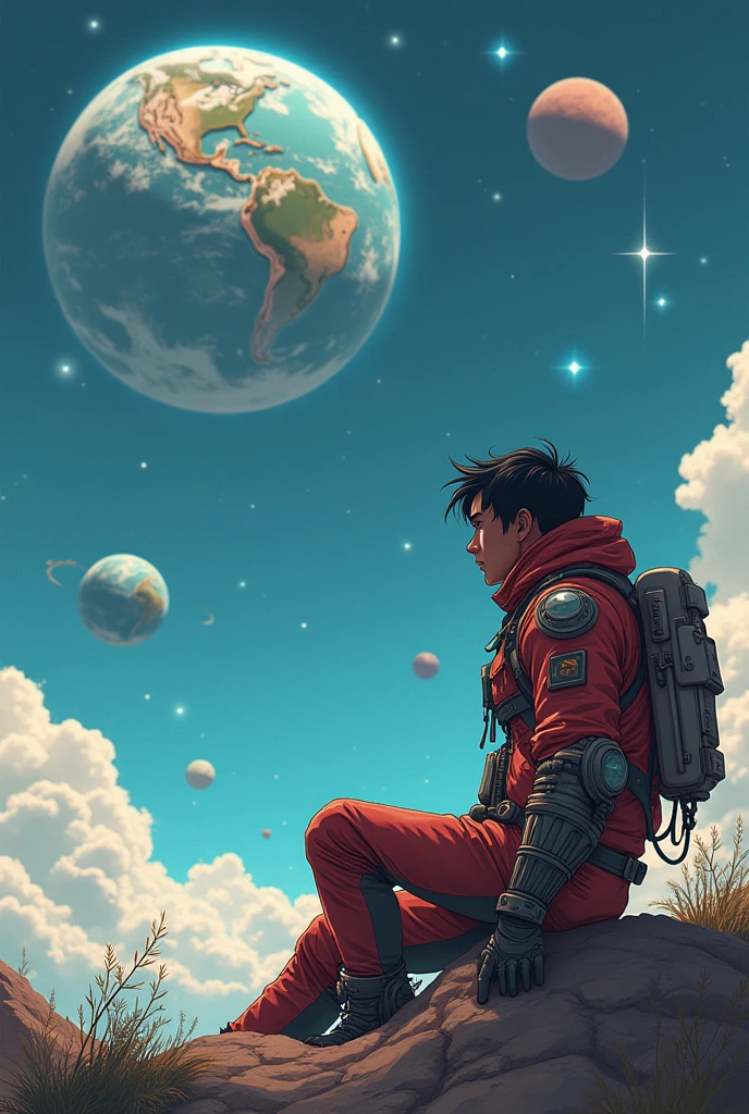 Cartoon man sitting on the ground looking at the earth, Space cowboy ...