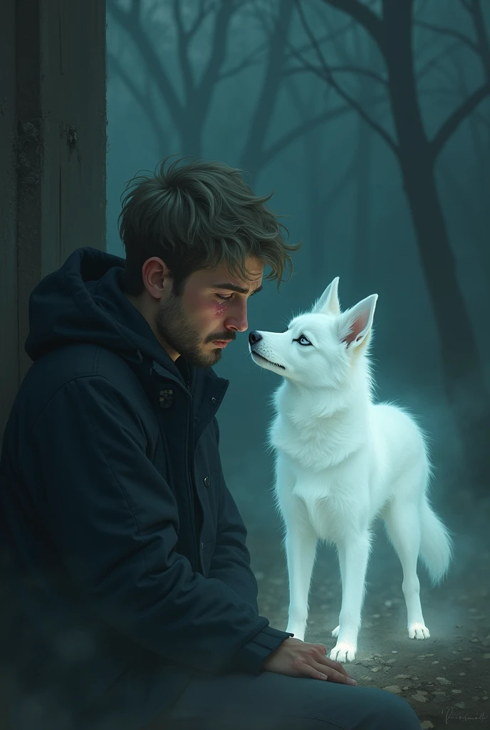 An image of a ghost husky dog and its owner a young man with light hair ...