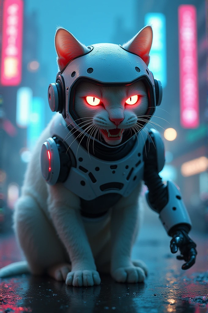 White cat very angry looking in robocop costume with helmet and glowing ...