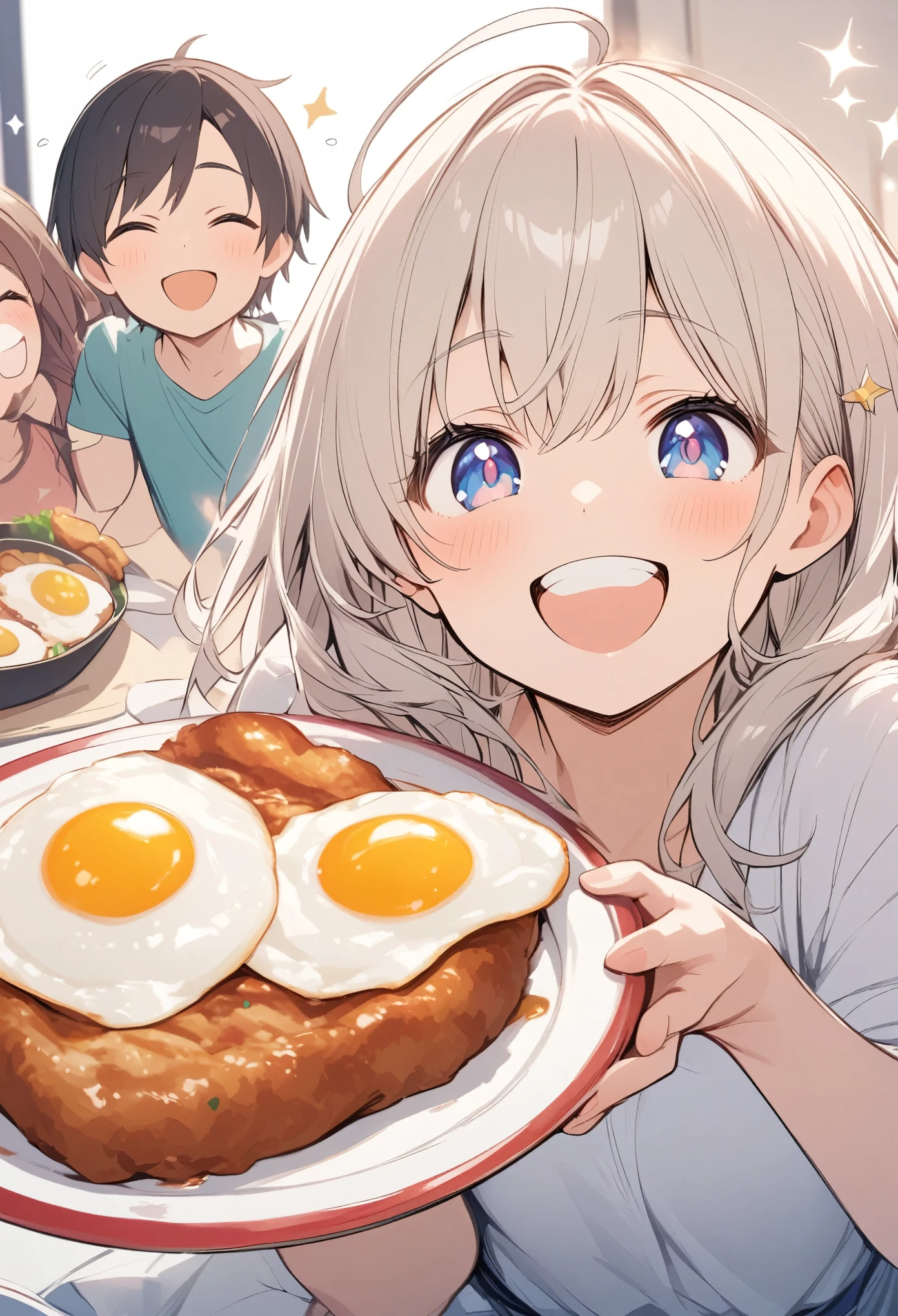 Happy scene,Sparkling fried egg,fried egg, wiener, eyes sparkling at ...
