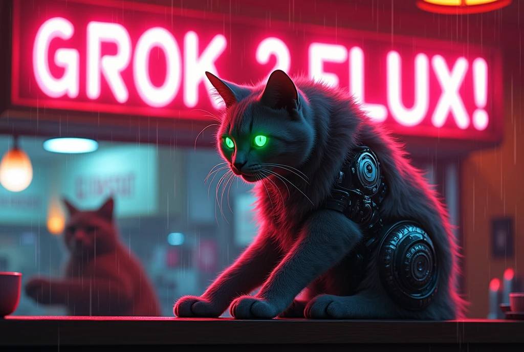 A movie poster, A huge neon sign in the middle reads "GROK 2 FLUX ...