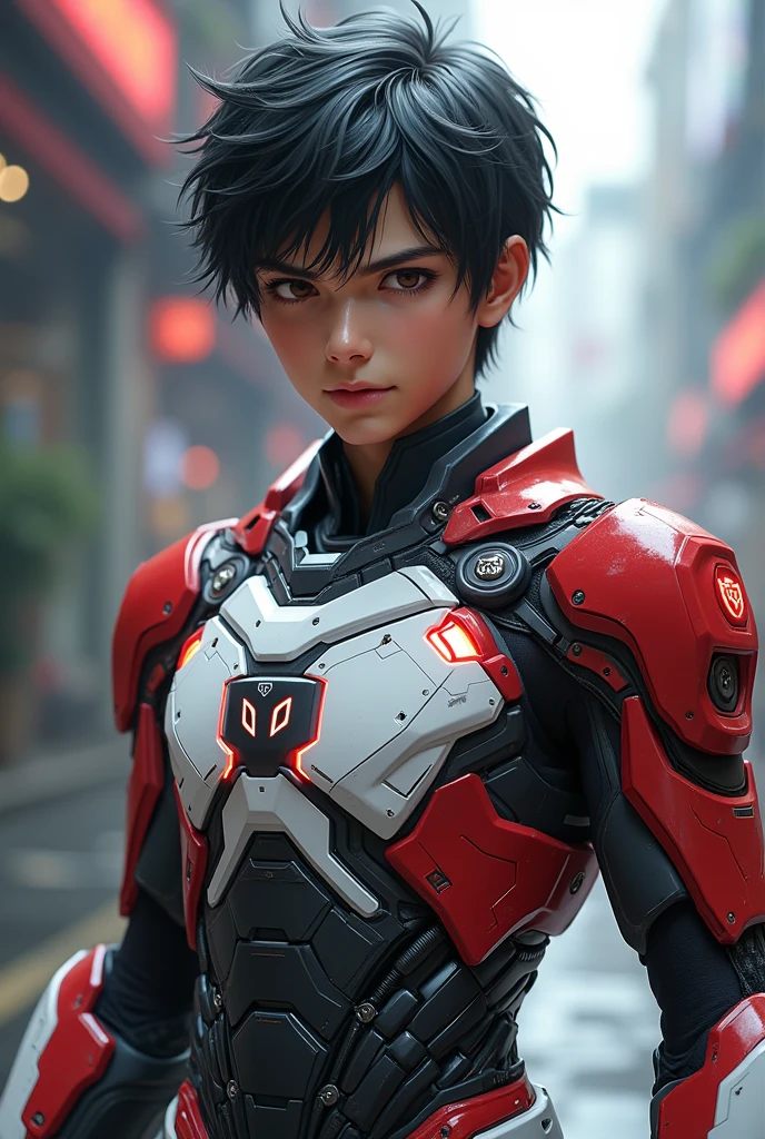 Boy malay Indonesia wear red white exoskeleton. Robot face on body ...