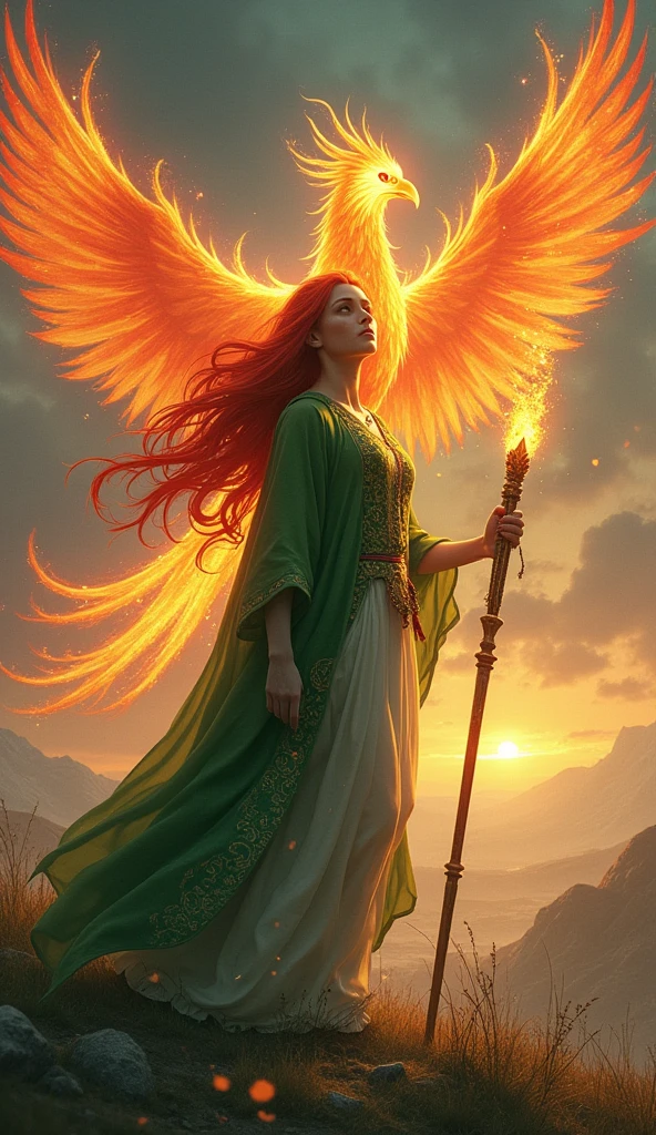 In a vast, mystical landscape, where the sky shimmers with the colors ...
