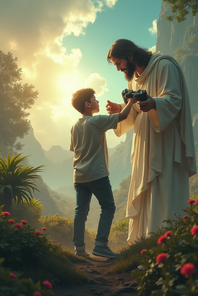 A young man with a giant joystick, with the hand of Jesus touching him ...