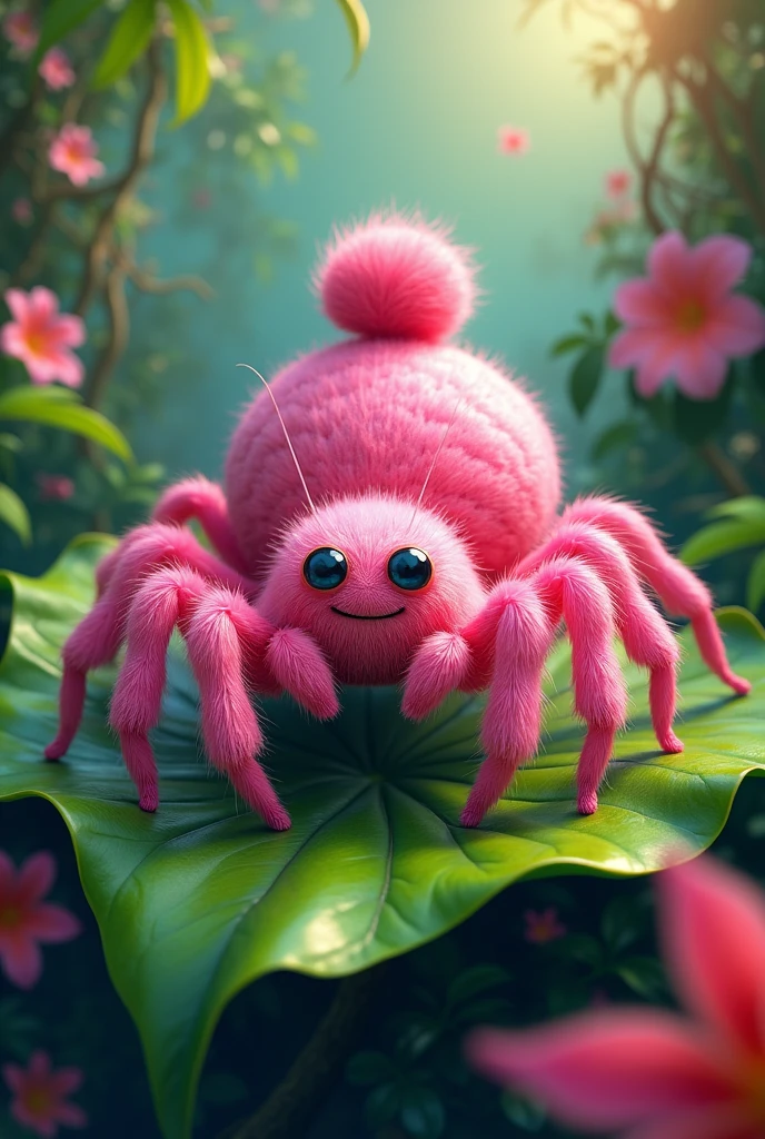 Pink spider with hair bun sitting on vacation - SeaArt AI